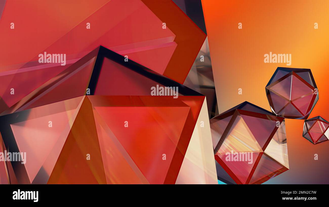 Red, orange, jewel-like angular deformed hexagonal three dimensional ...