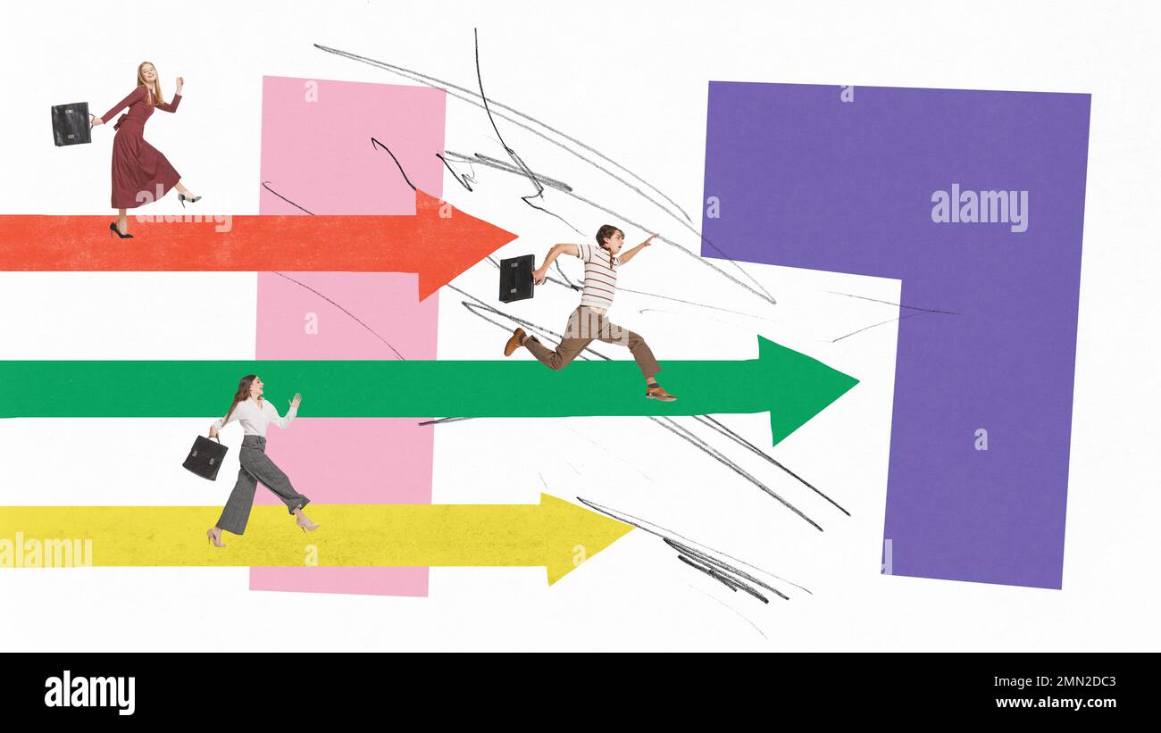 Contemporary art collage. Motivated employees running forward to ...