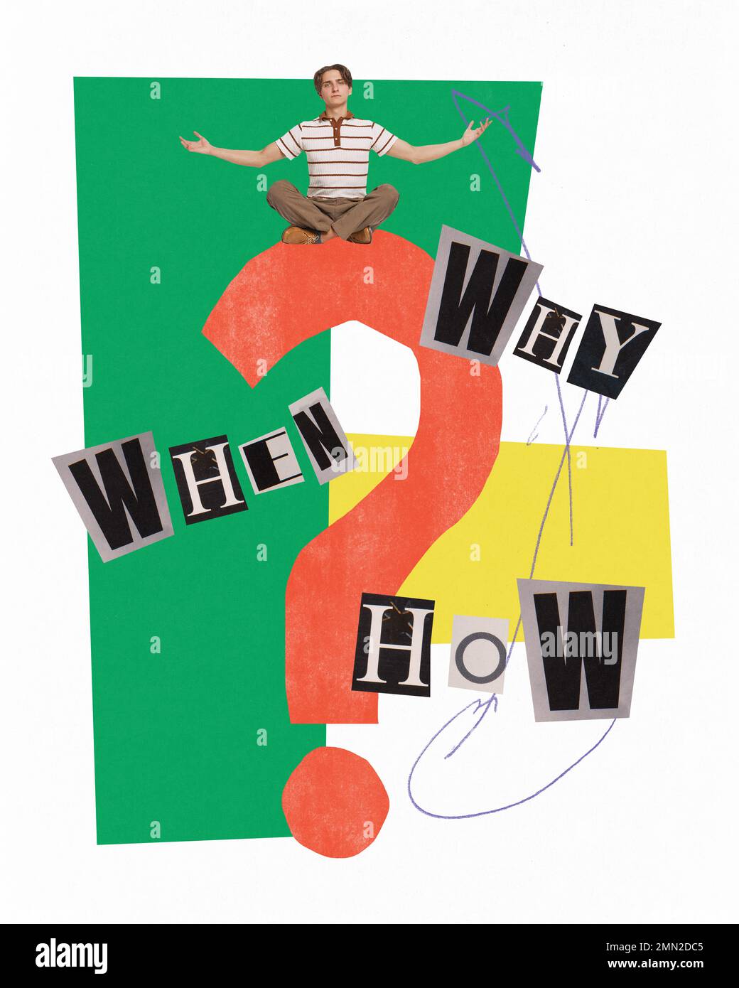 Introspection, balance. Young man sitting on huge drawn question mark ...