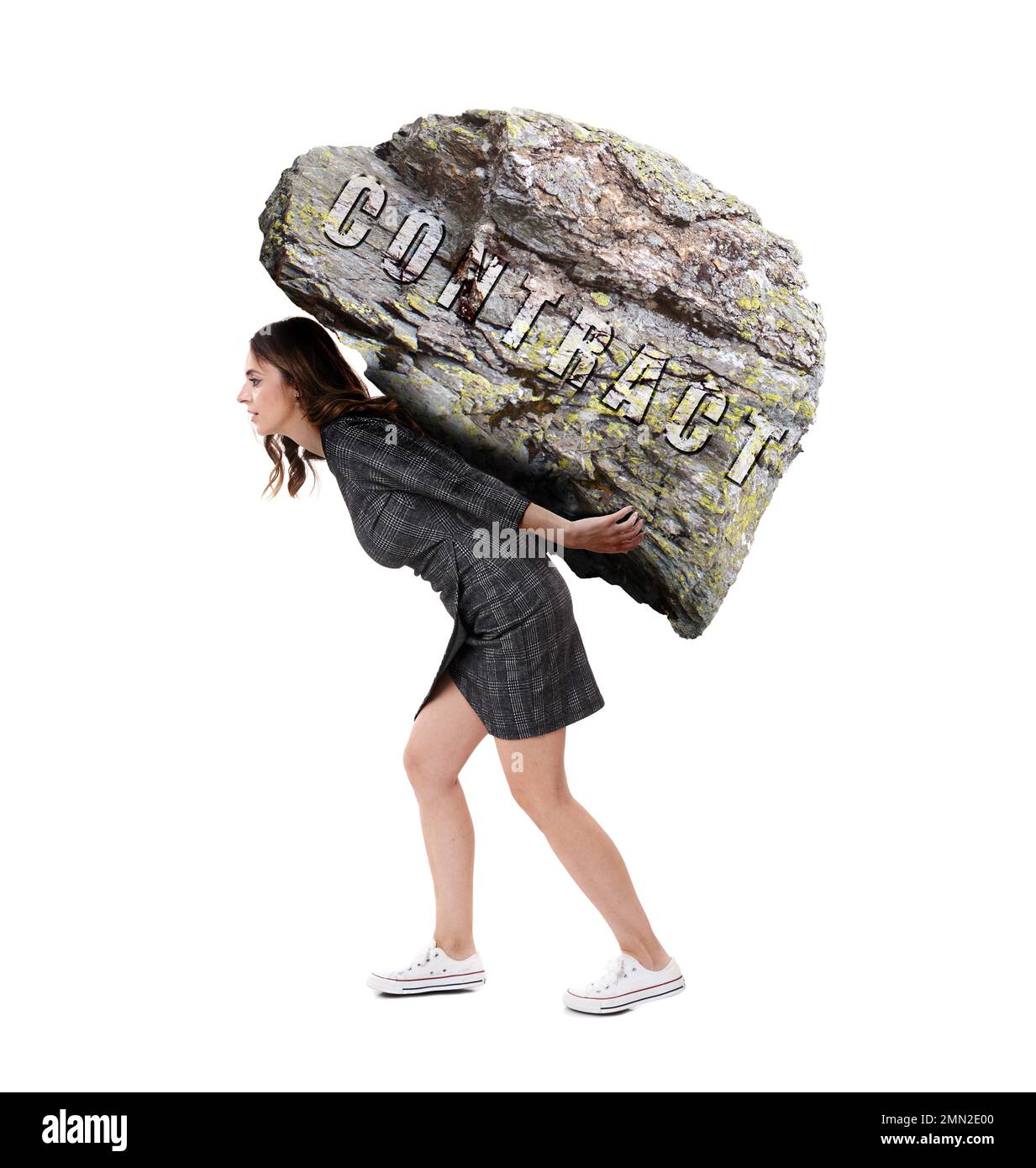 Young businesswoman carrying a stone heavy contract on her back ...