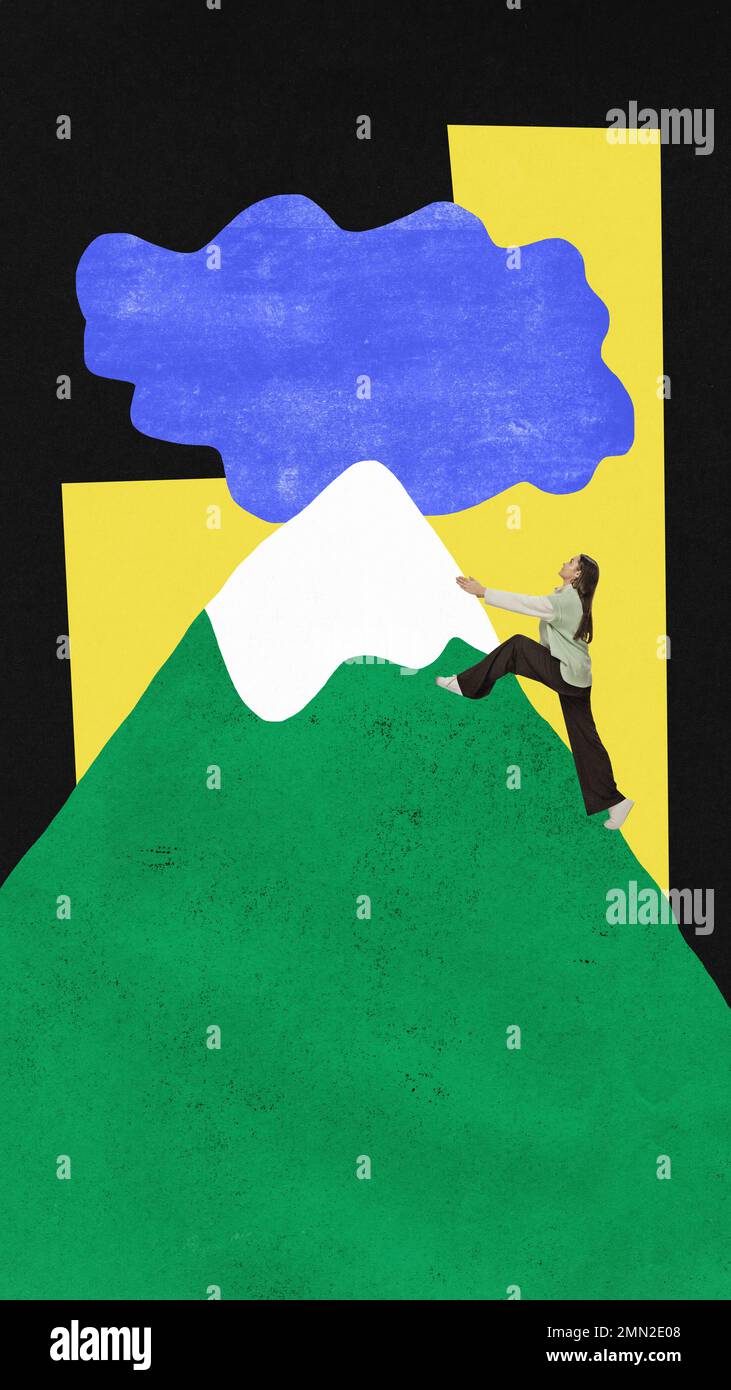 Young girl climbing on drawn mountain. Contemporary art collage ...