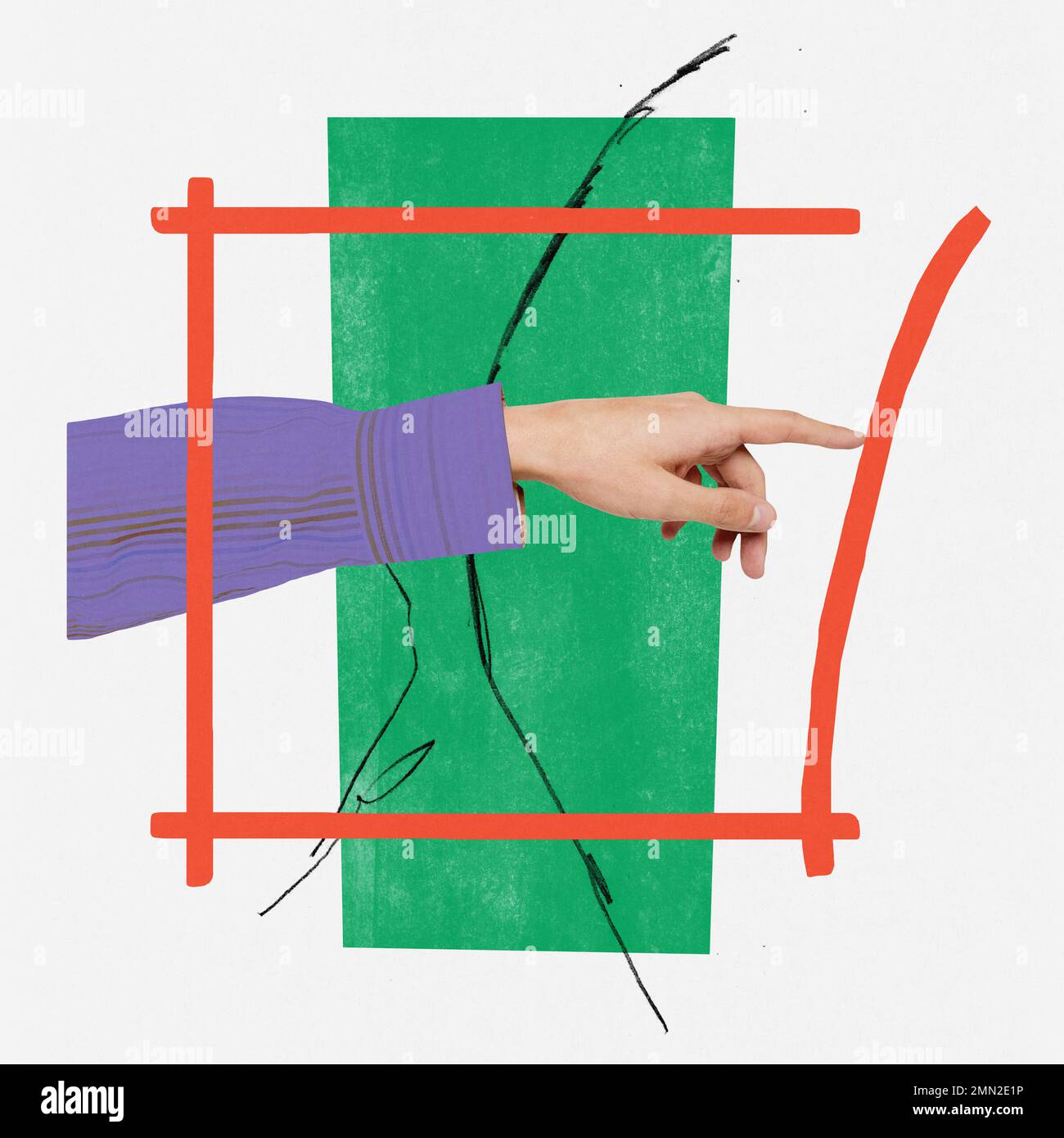 Contemporary art collage. Female hand pointing. Concept of teamwork ...