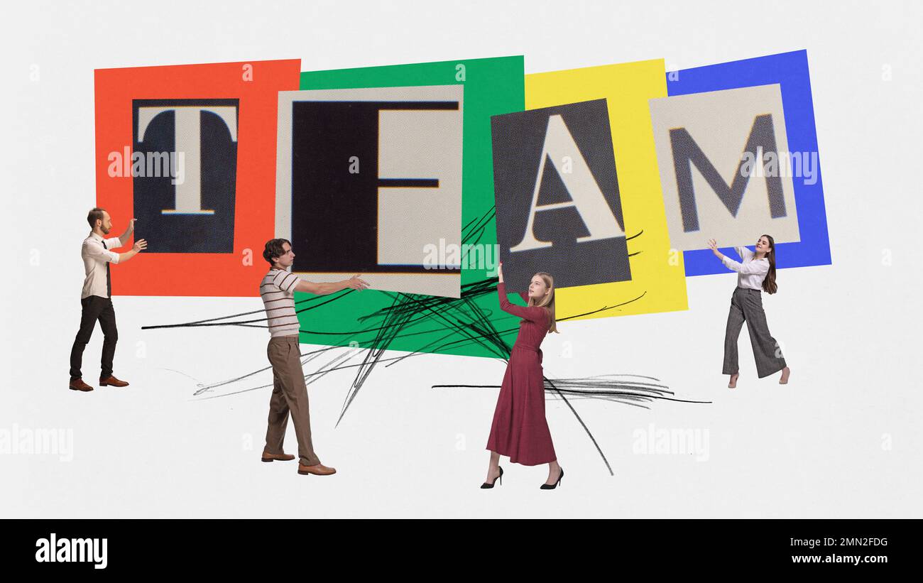 Contemporary art collage. Group of young people, co-workers standing ...