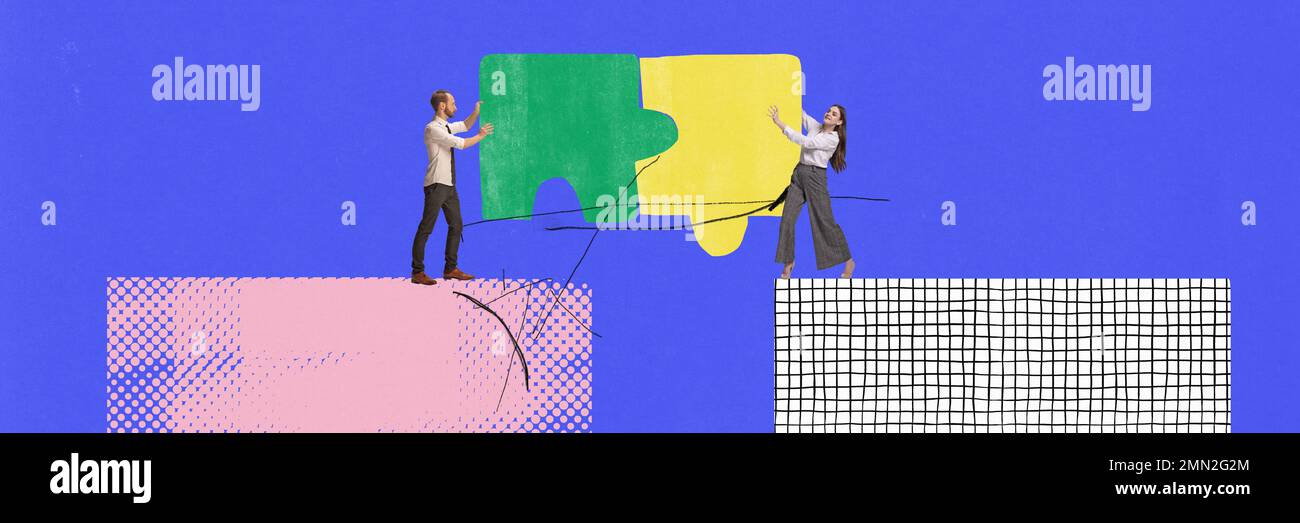 Teamwork. Two people with huge pieces of puzzle. Contemporary art ...