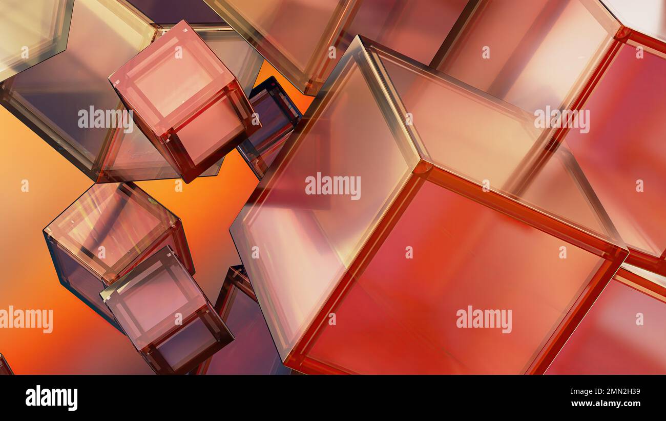 Red, orange, scattered glassy boxes abstract, dramatic, passionate ...