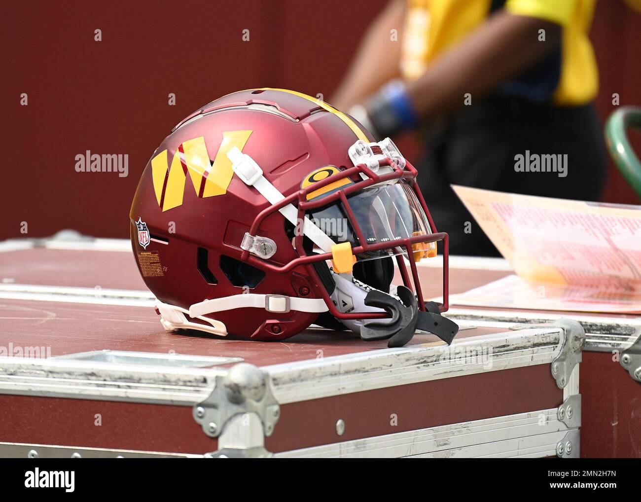 A Washington Commanders’ football helmet on the sideline at Fedex Field ...