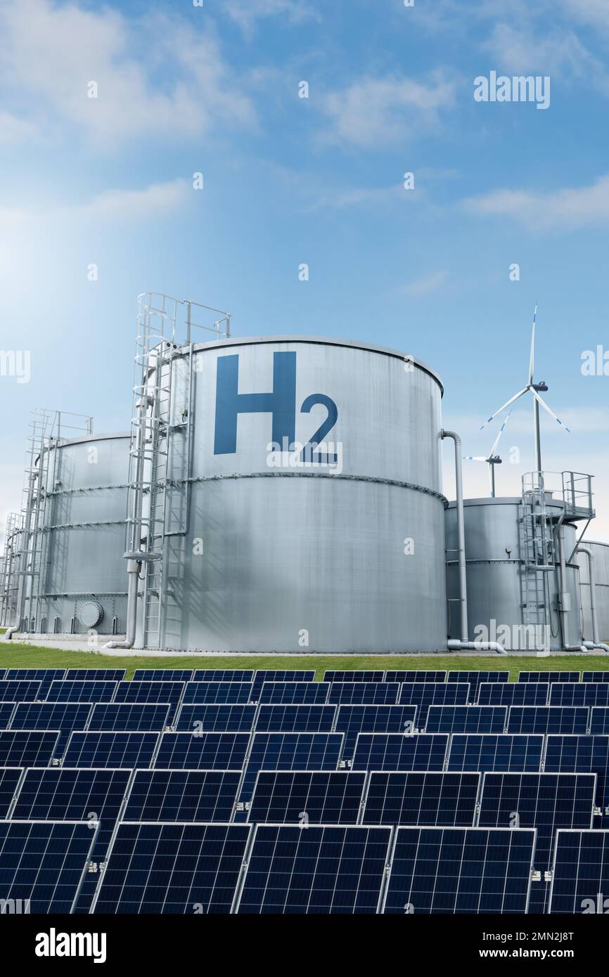 Storage tanks with Hydrogen. Green hydrogen factory concept Stock Photo ...