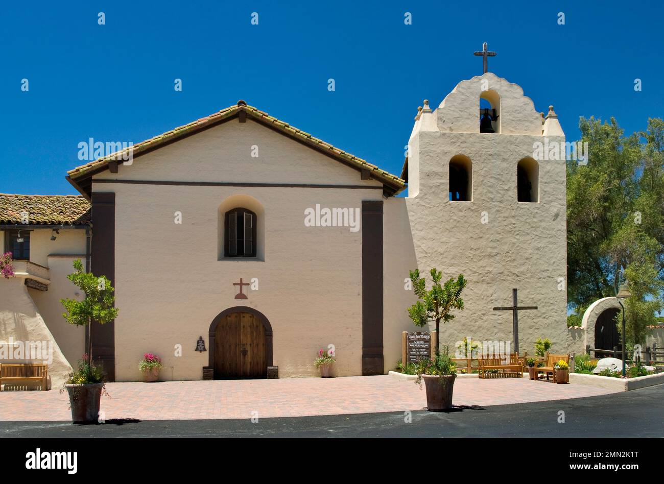 Church facade and bell tower at Mission Santa Ines near Solvang ...