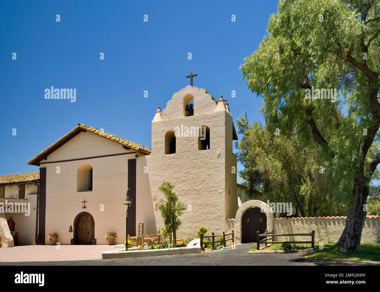 Church facade and bell tower at Mission Santa Ines near Solvang ...