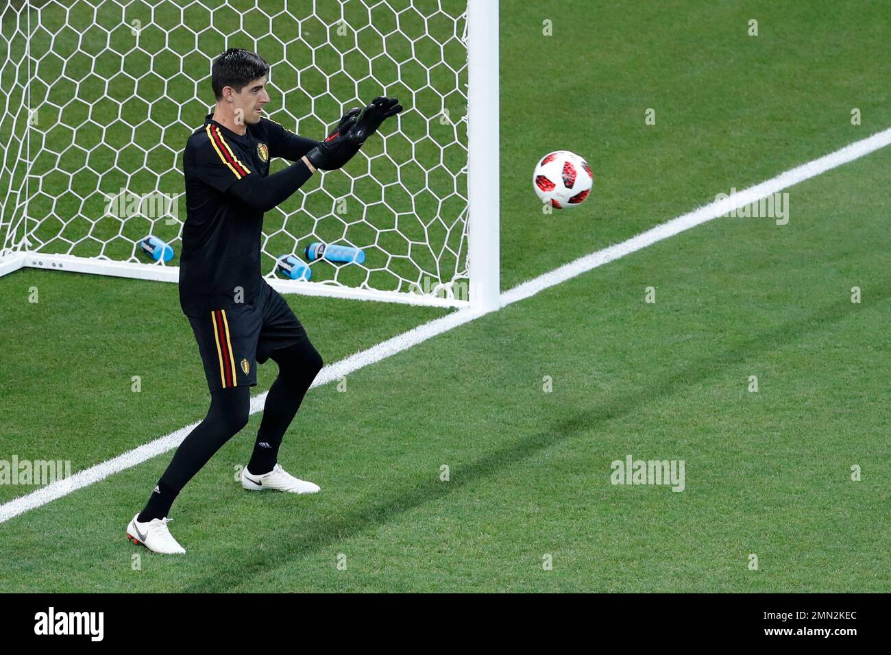 Belgium goalkeeper Thibaut Courtois warms up prior to the start of the ...