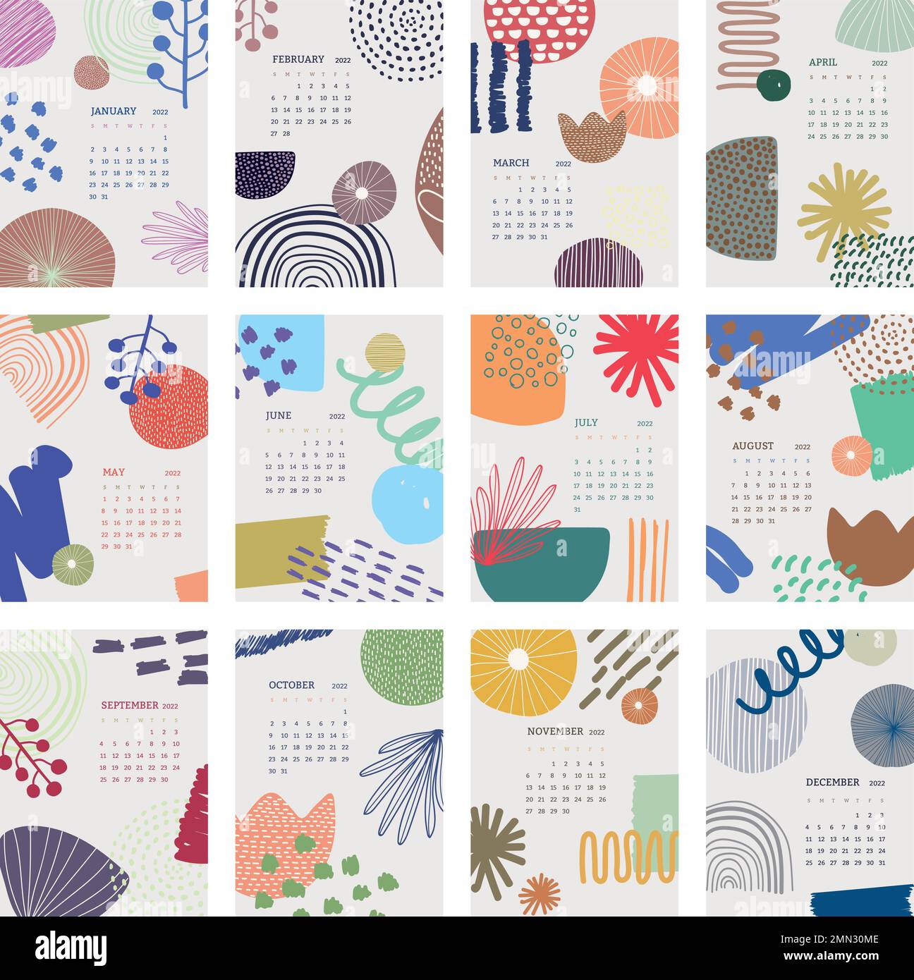 Floral 2022 monthly calendar template, abstract memphis vector set ...