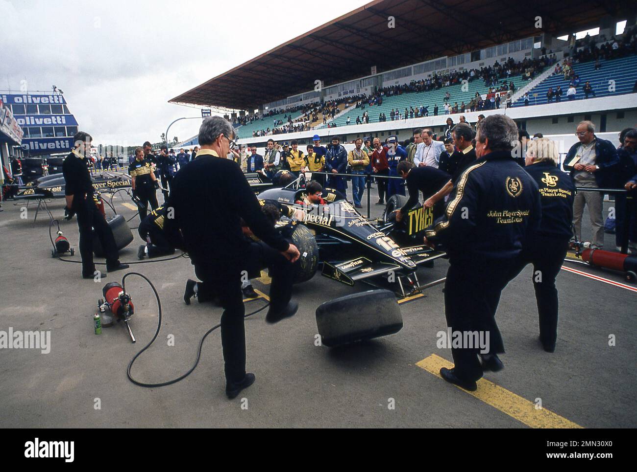 Ayrton Senna's Lotus Renault in the pits at practice for the JPS ...