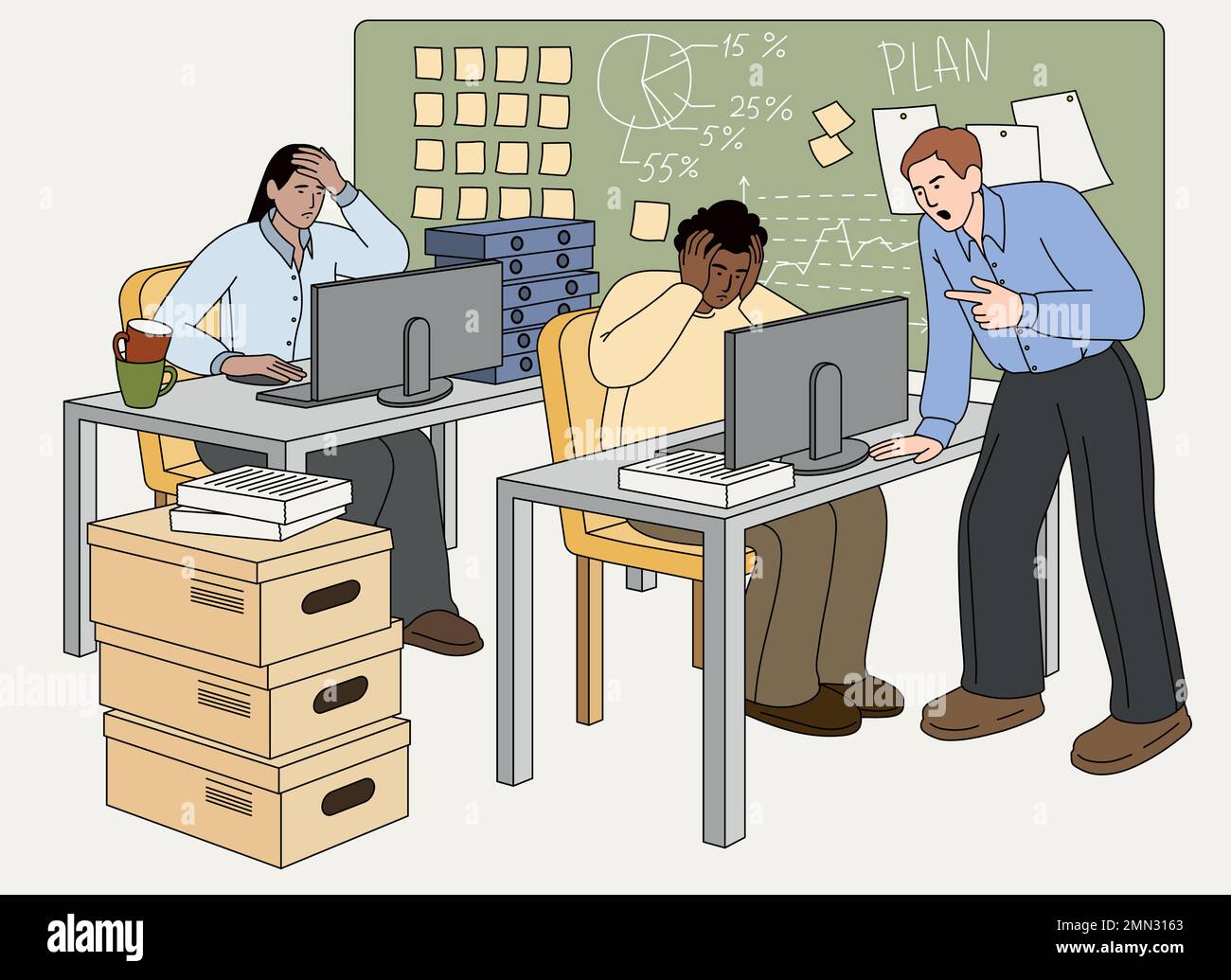 Flat angry boss standing over tired employees and yelling at workers ...