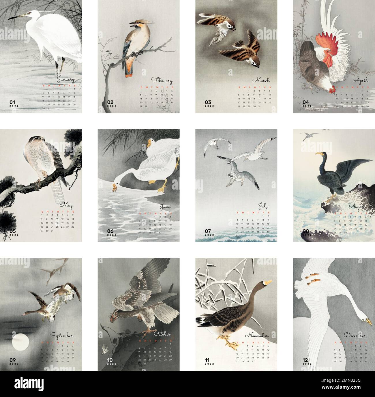 Bird 2022 monthly calendar template, vintage Japanese design vector set ...