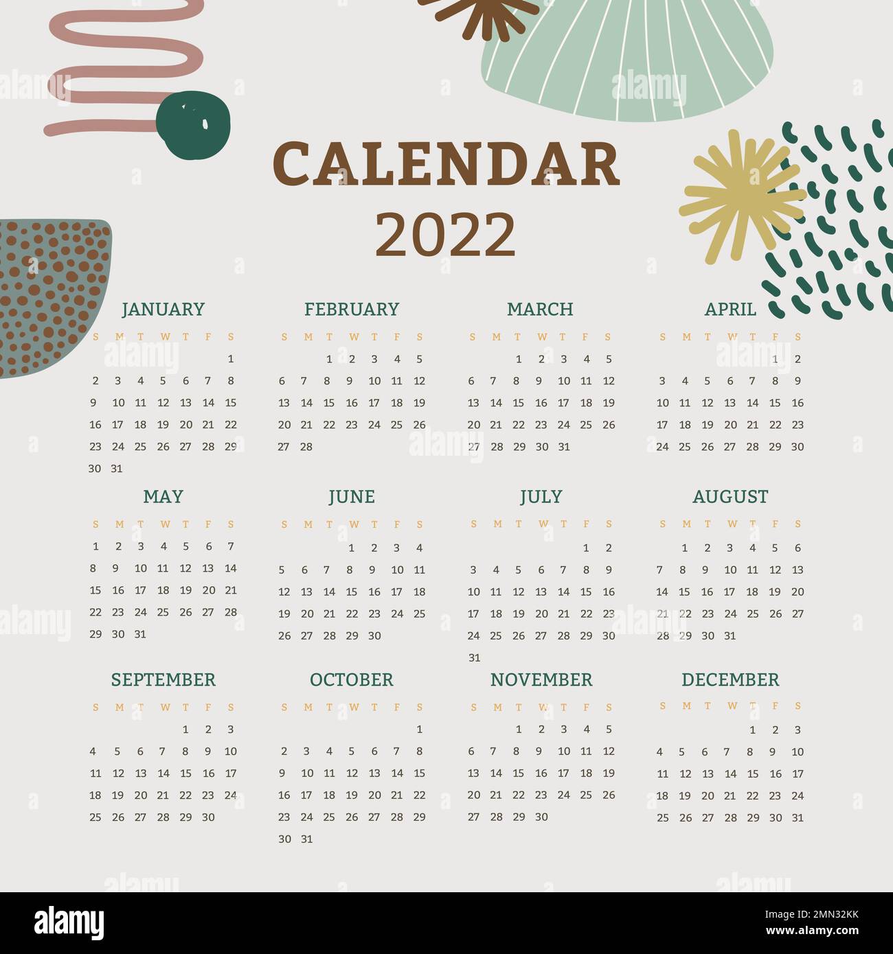2022 monthly calendar template, floral memphis design vector Stock ...