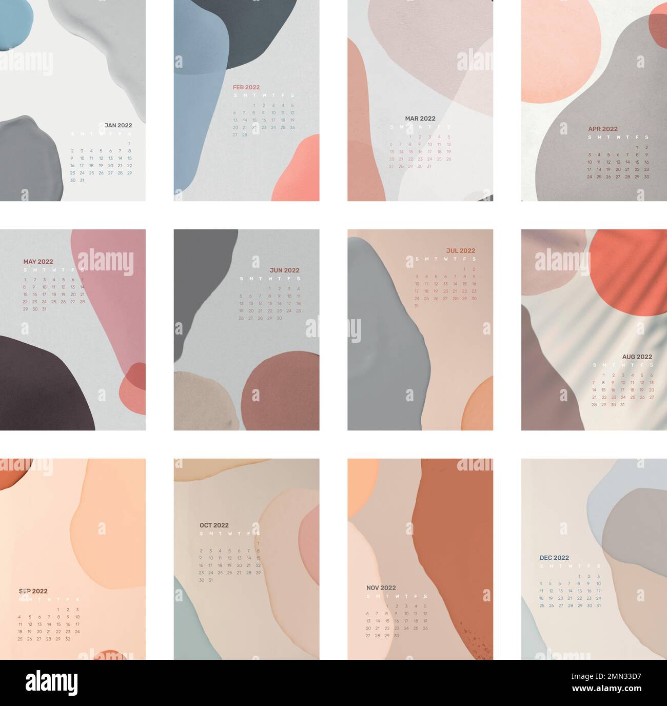 Abstract 2022 monthly calendar template, watercolor design vector set ...