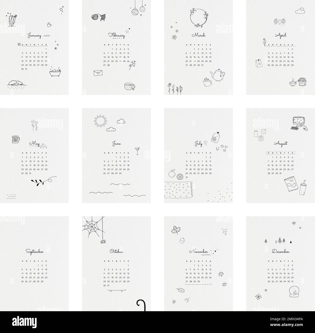 Cute 2022 monthly calendar template, minimal doodle illustration vector ...
