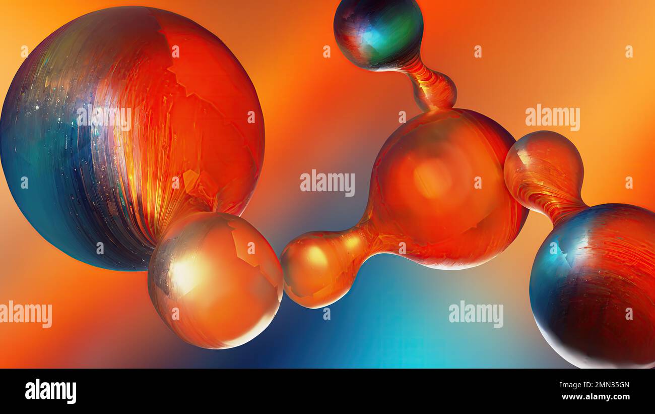 Red, orange, fused meta balls spheres leaning against each other ...