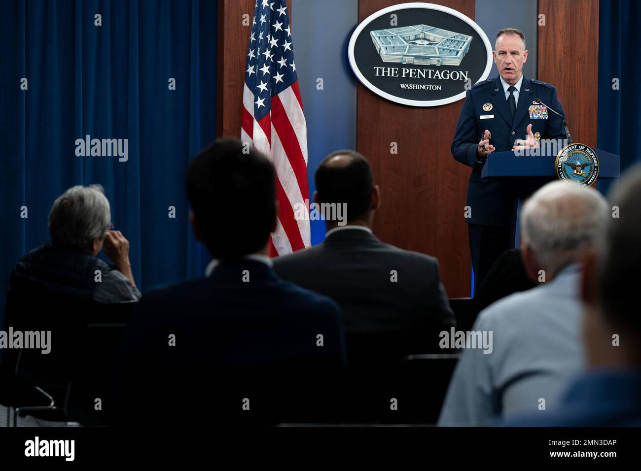 Pentagon Press Secretary Air Force Brig. Gen. Pat Ryder conducts a press briefing in the ...