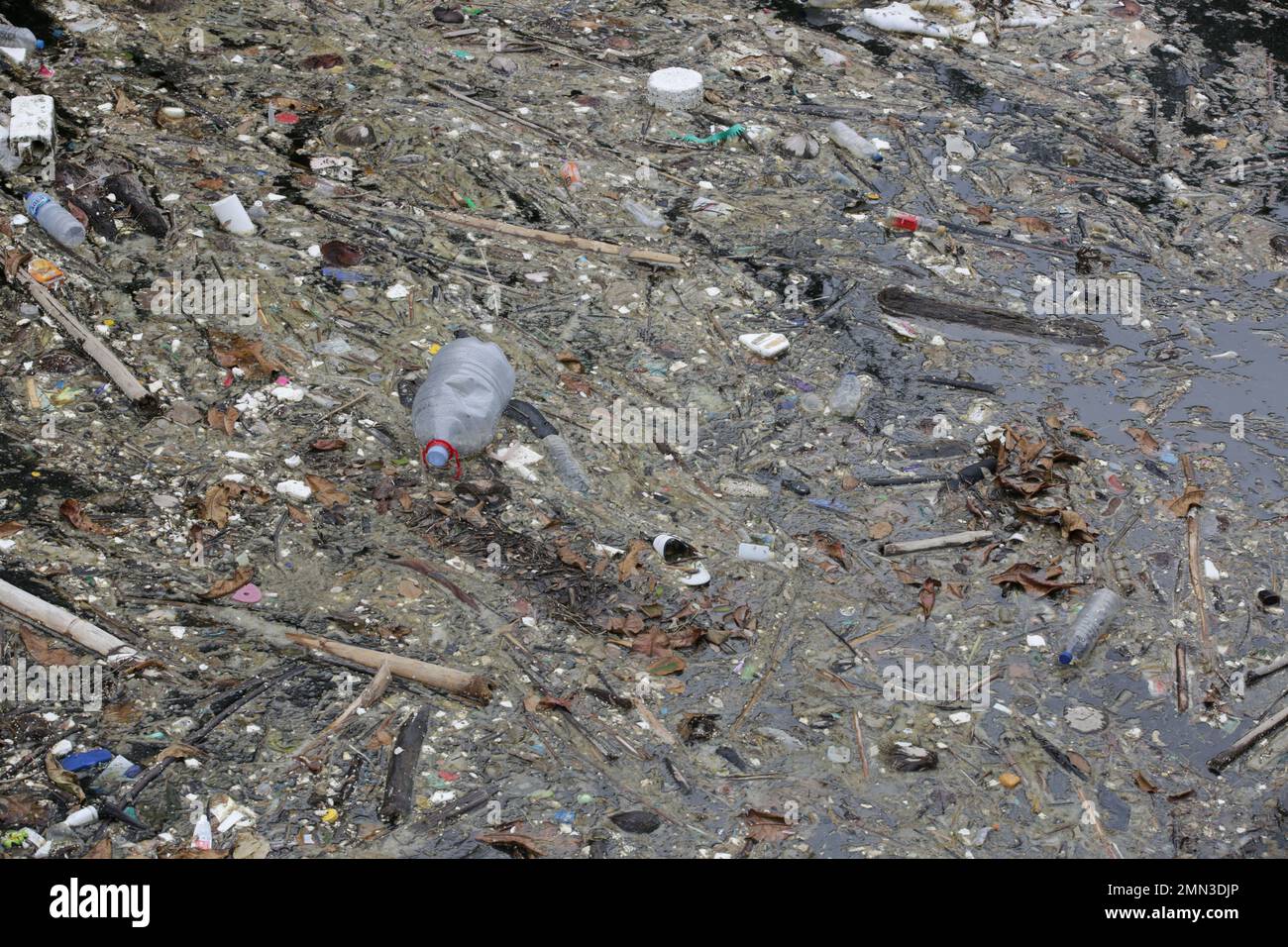 A giant floating rubbish heap floating in the river, plastic pollution ...