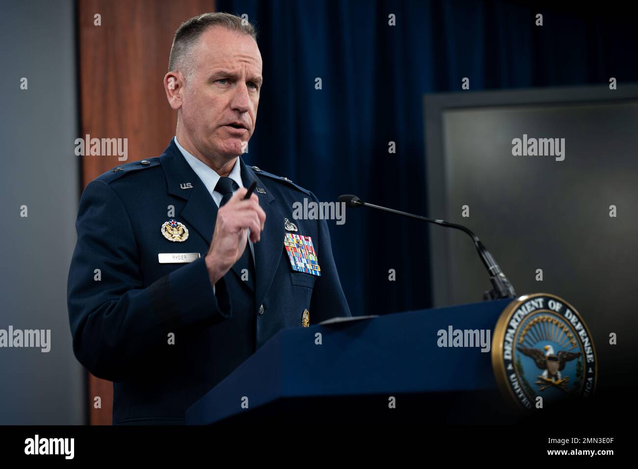 Pentagon Press Secretary Air Force Brig. Gen. Pat Ryder conducts a press briefing in the ...
