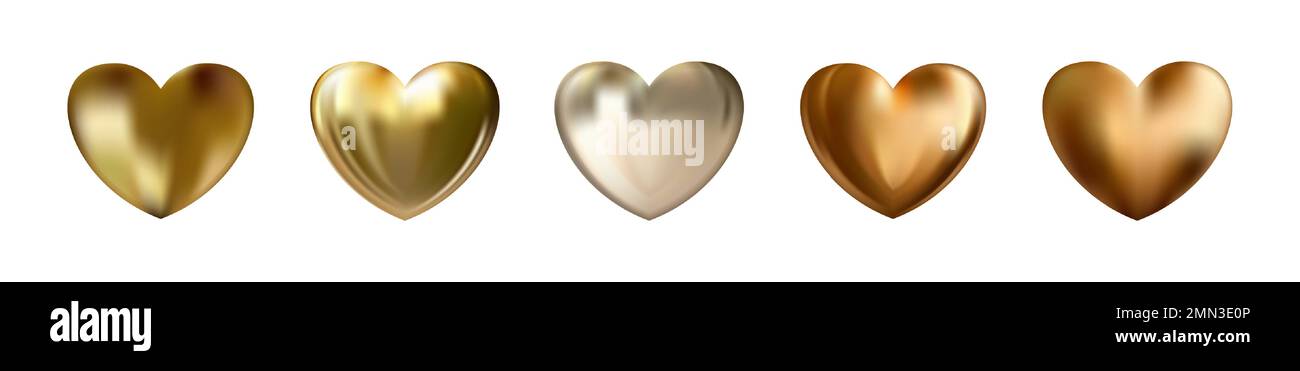 Gold realistic heart vector icons set . Romantic symbol of Love Stock ...