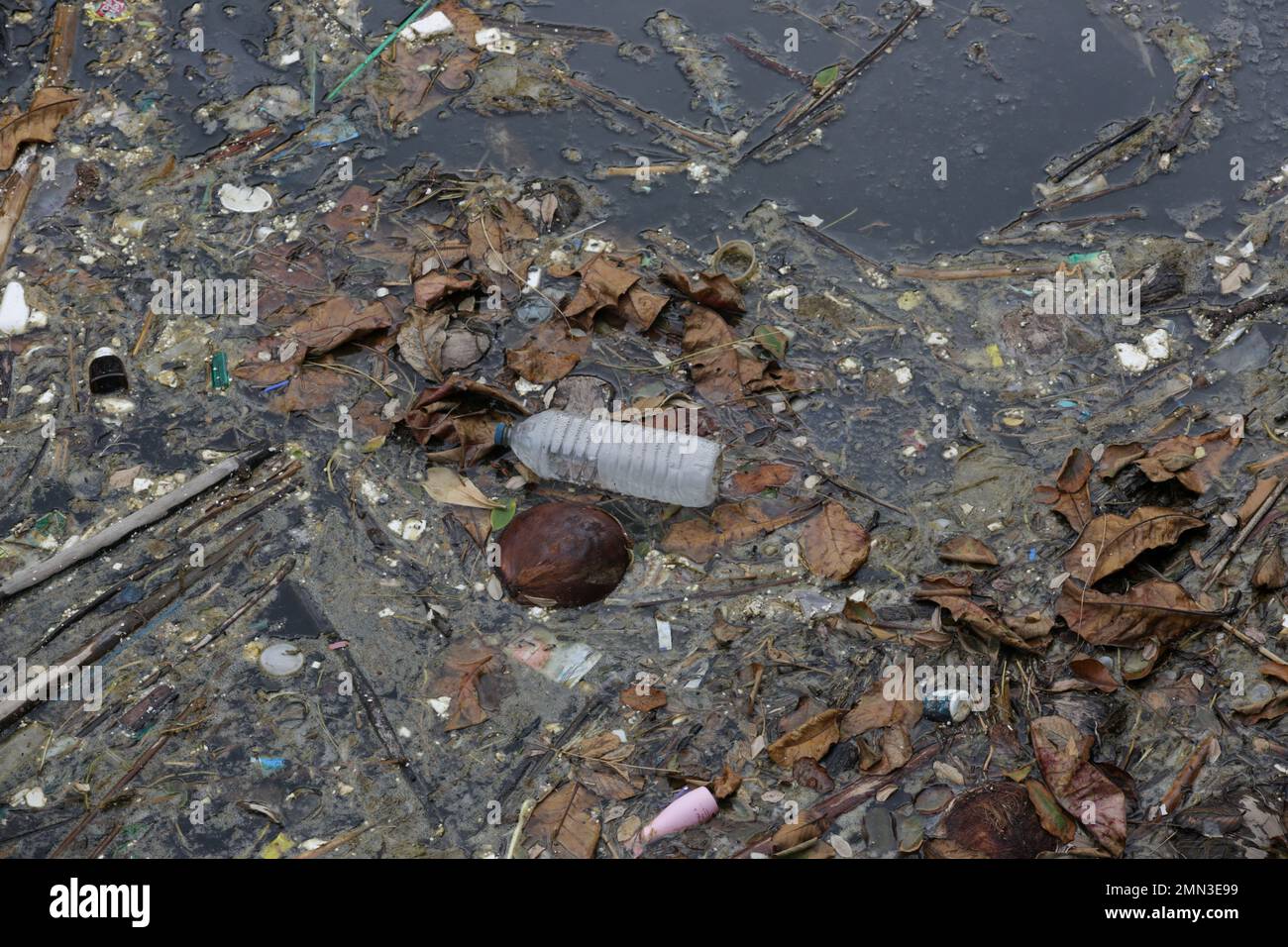 A giant floating rubbish heap floating in the river, plastic pollution ...