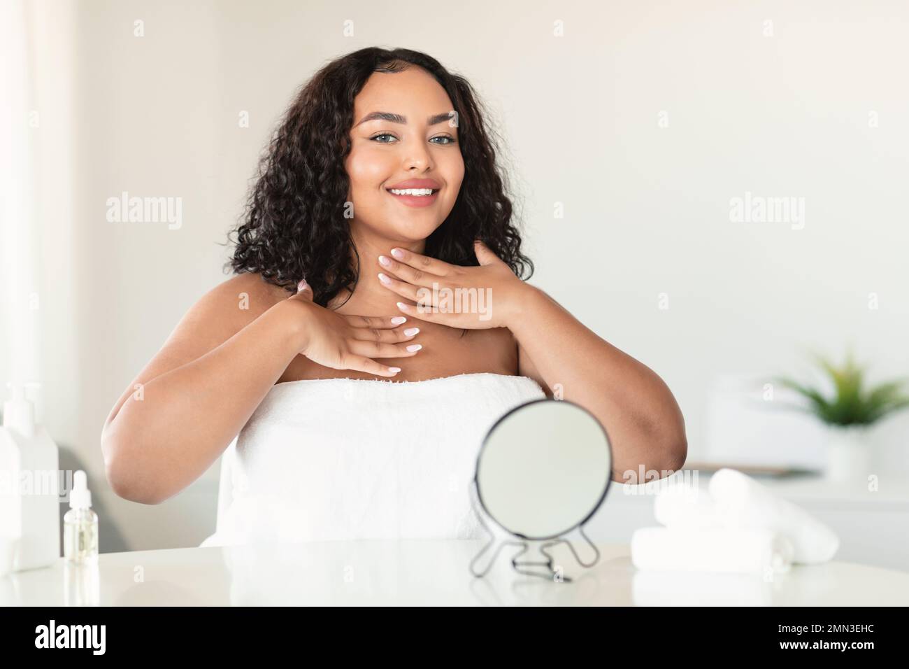 Perfect Healthy Skin Happy Body Positive Woman In Towel Applying