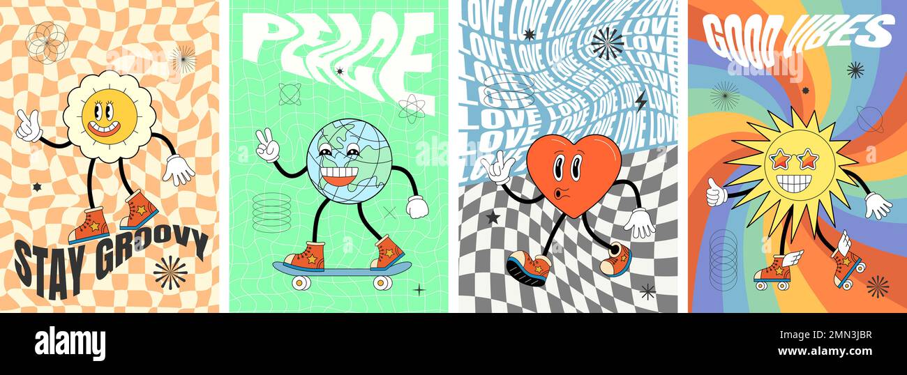 Retro groovy art poster set with characters. Sun, earth, flower and ...