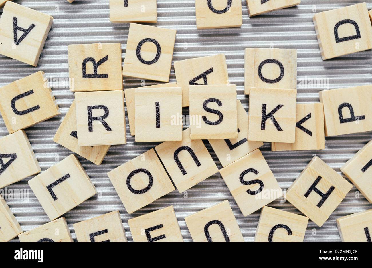 Word Risk surrounded by scattered wooden blocks with letters Stock ...