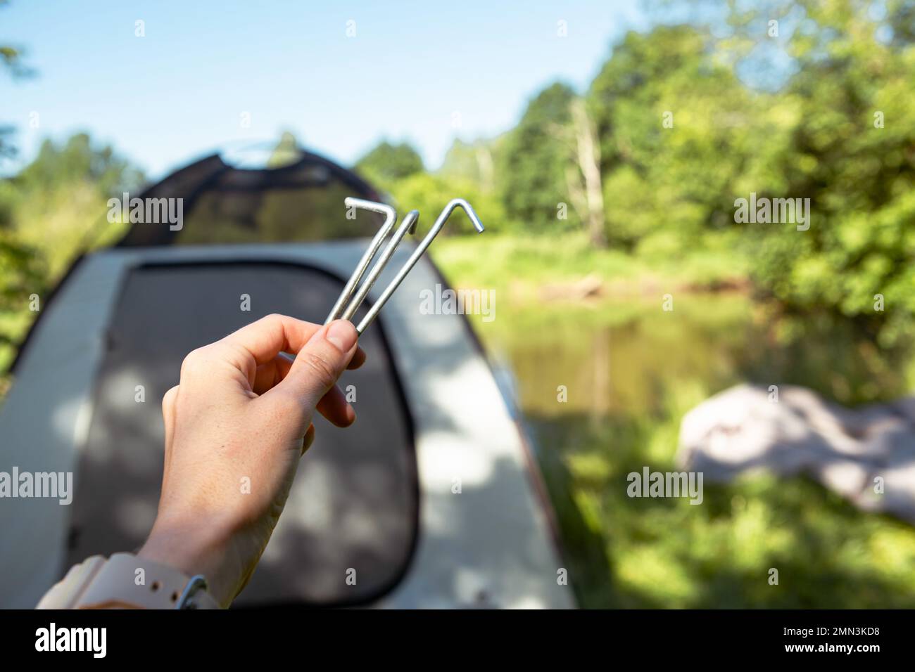 Aluminum stakes for the installation of a tourist tent in the hand ...