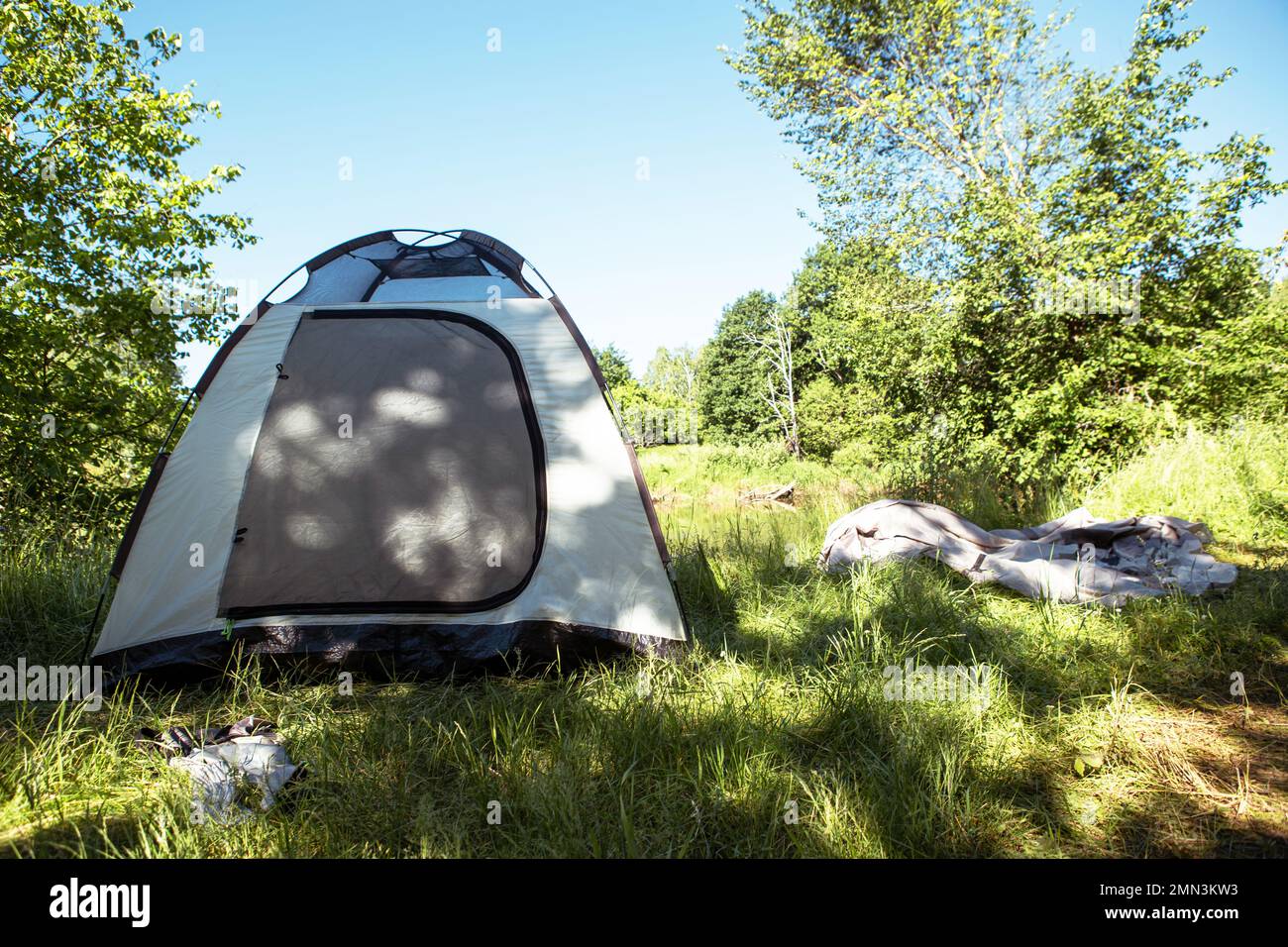 Installed tourist tent in a camping in nature in the forest. Domestic ...