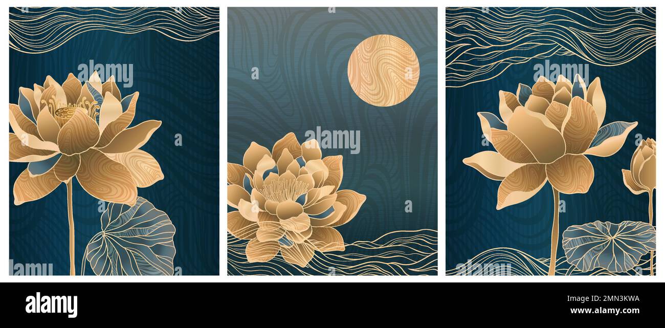 A minimalistic cards flower lotus with mountains and an art deco style ...