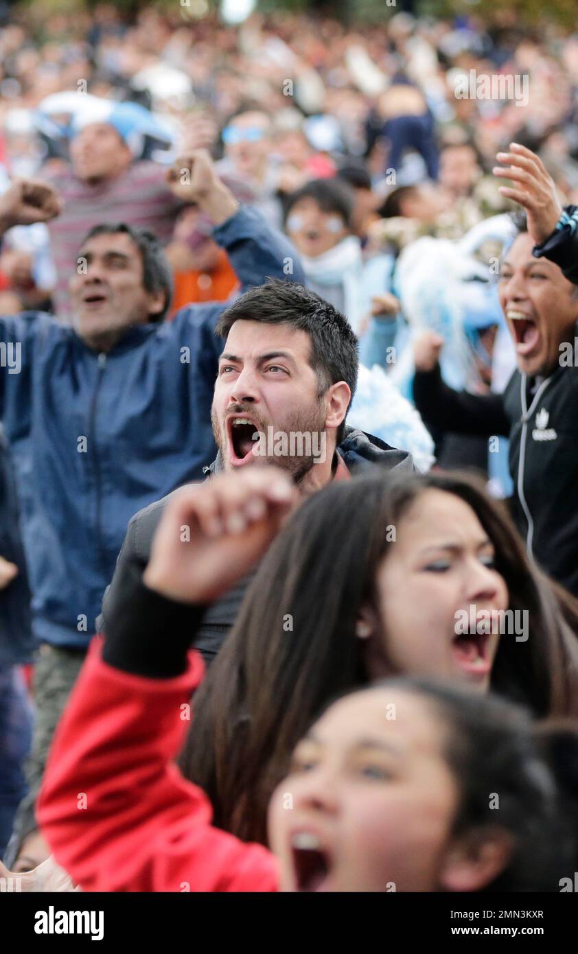 Soccer fans celebrate Argentina's goal, by player Marcos Rojo, during a ...