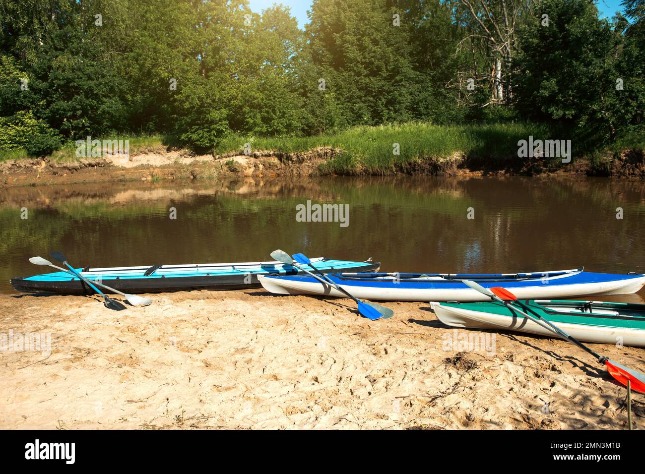 Tourist canoes with paddles stand on the river coast in summer on a ...
