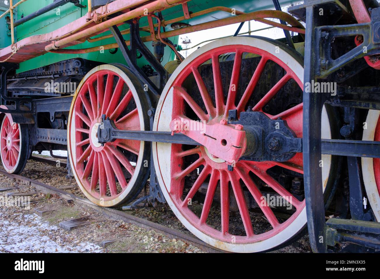 Old steam locomotive wheel and connecting rods. Tie rod or side rod for ...