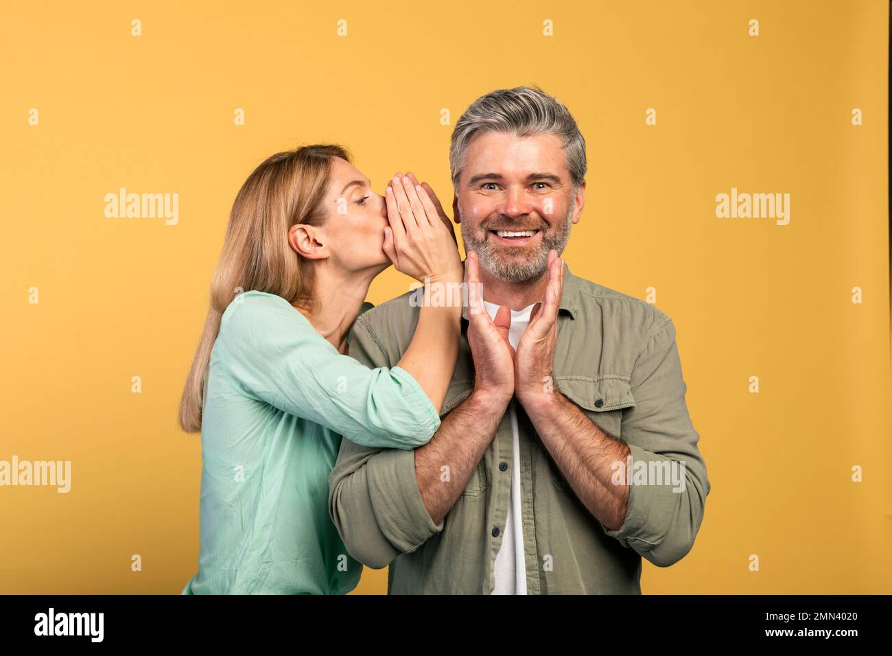 Gossip Share Advice Woman Whispering To Her Husband On Ear Happy