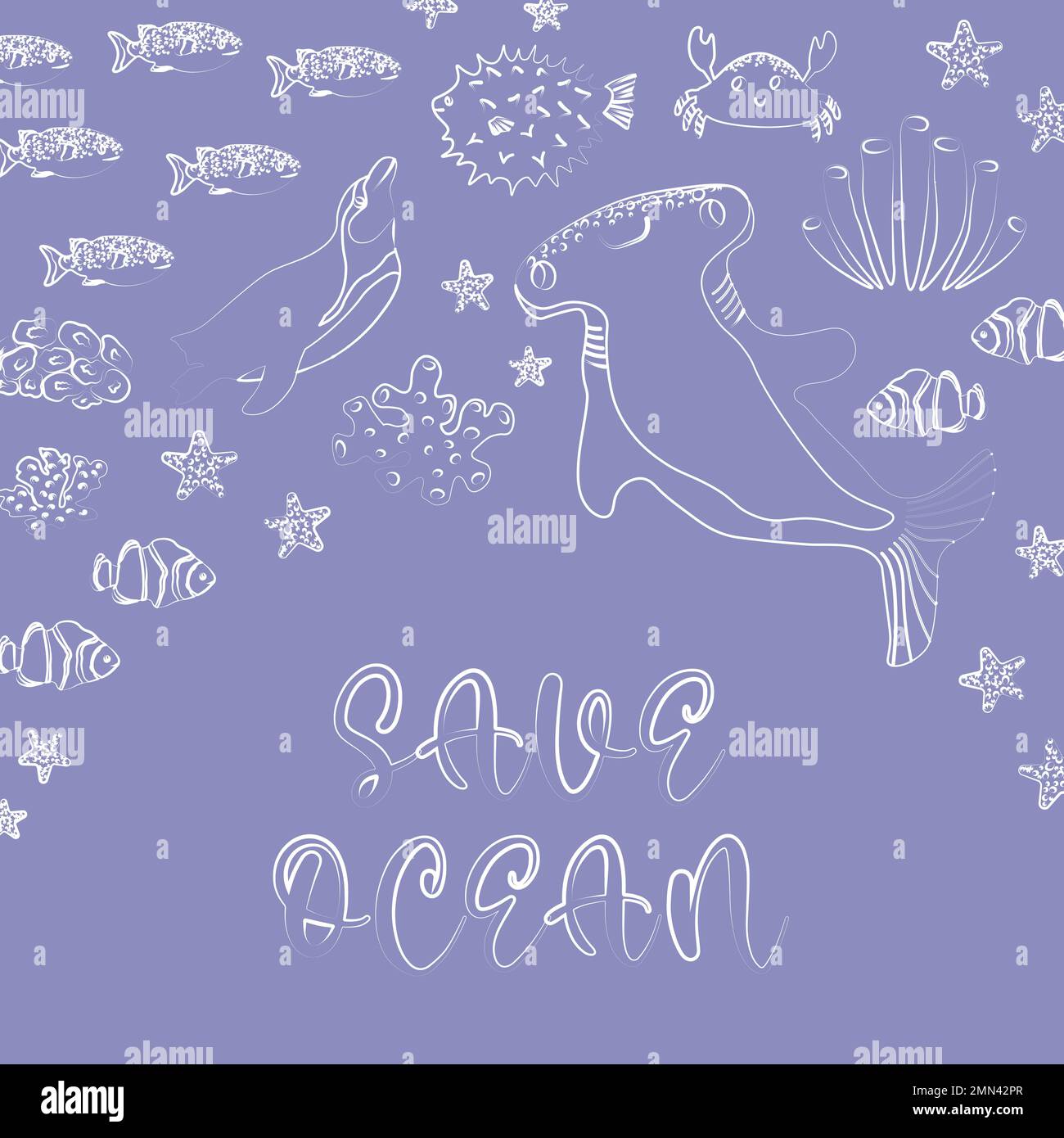 Vector ocean illustration with penguin, hammerhead fish,corals .Save ...