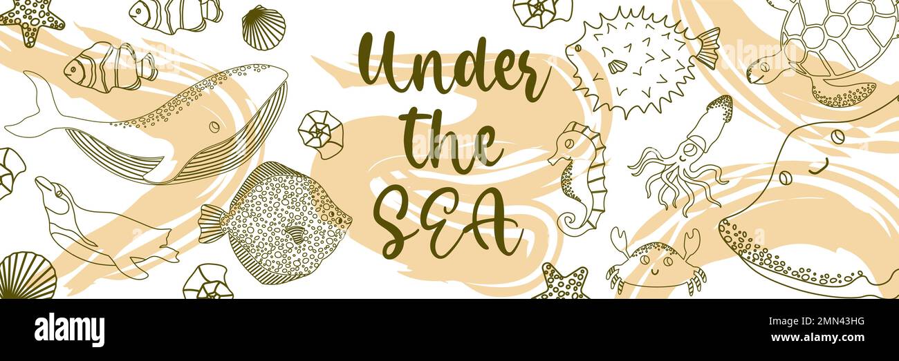 Vector ocean illustration with whale,penguin,fish,squid,seahorse ...