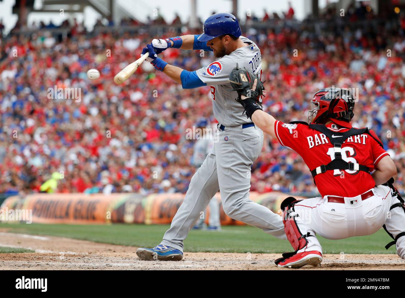 Chicago Cubs' Ben Zobrist hits a single off of Cincinnati Reds relief ...