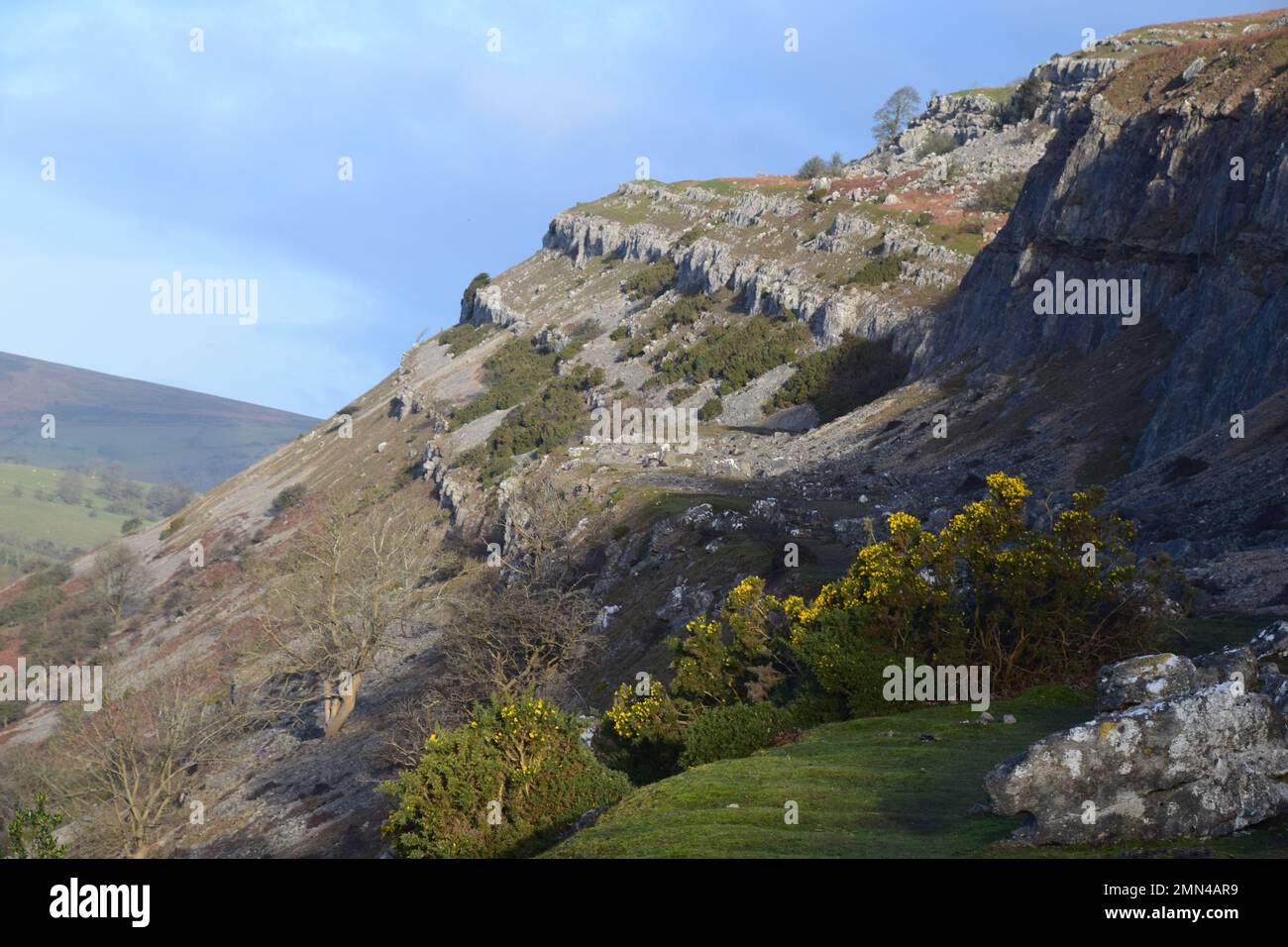 The Limestone escarpment of Ruabon mountain North Wales in winter ...
