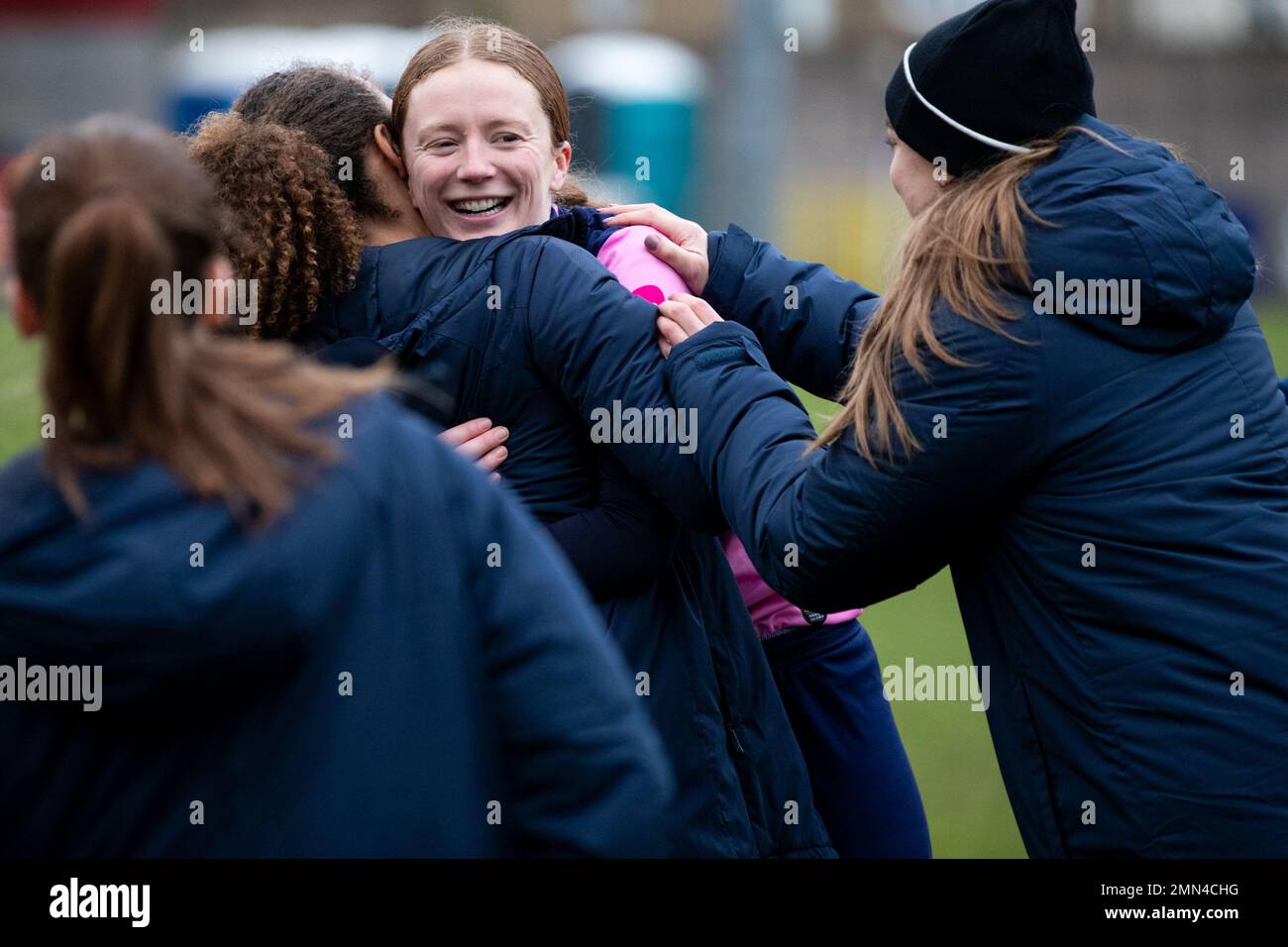 Ceylon Hickman of Dulwich Hamlet FC Women hugs teammate Ella Wales ...