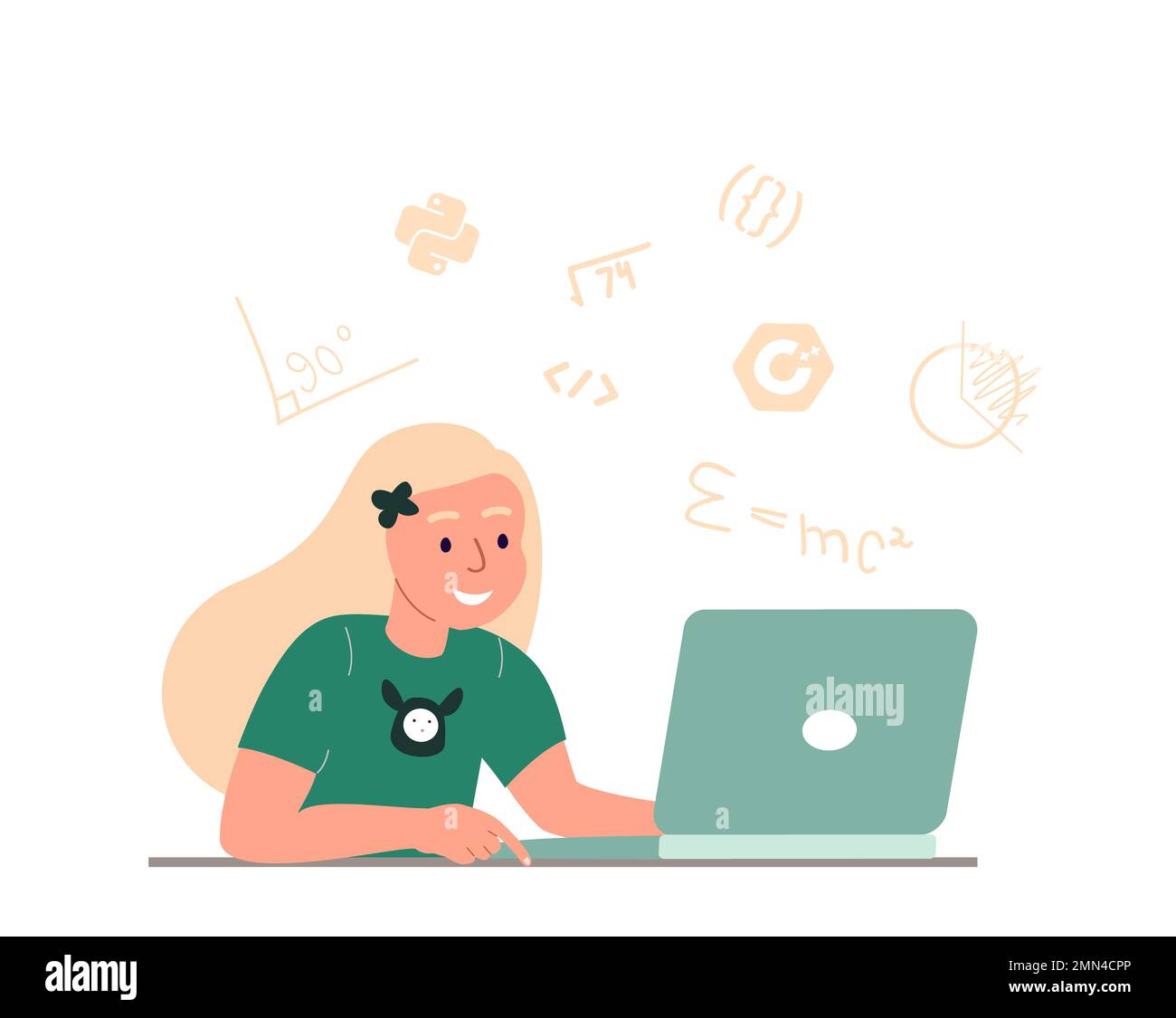 Teenage Girl pupil with Laptop Computer.Girl learning Script Coding in ...