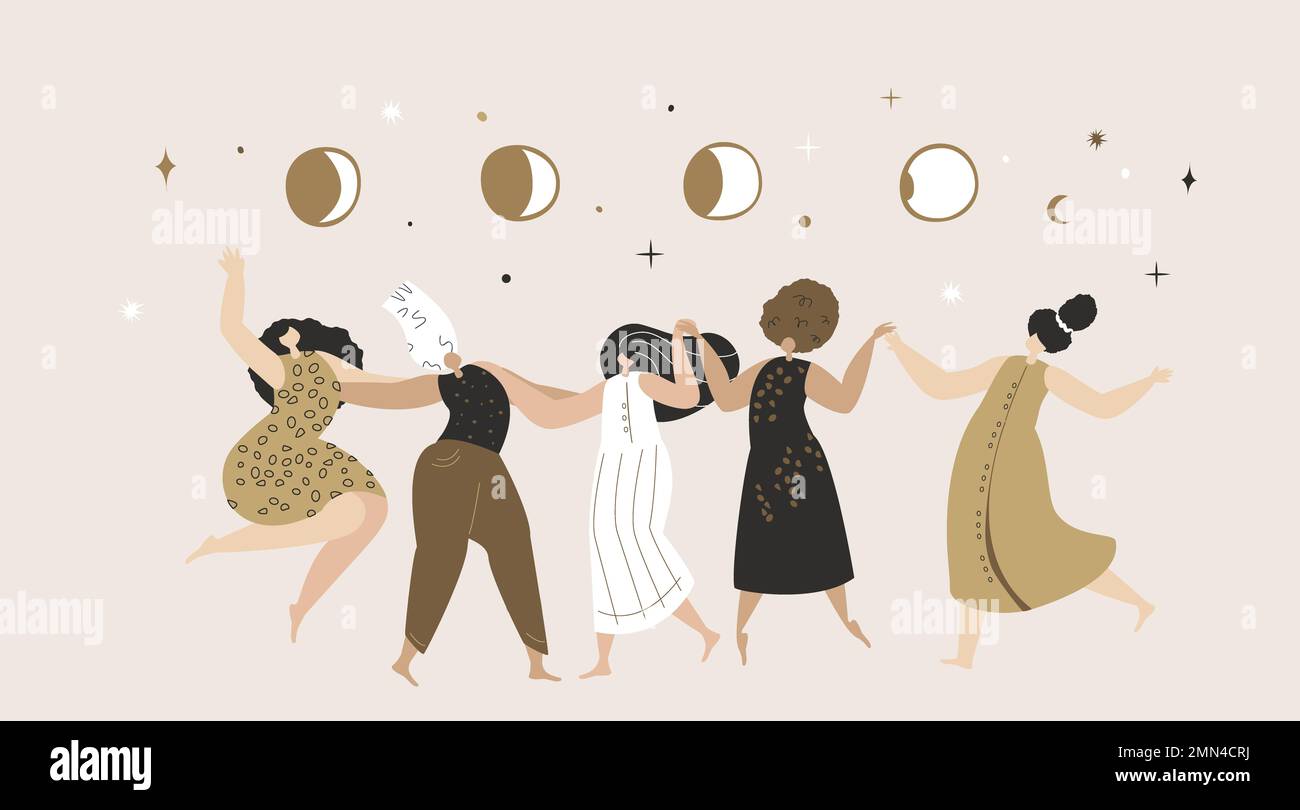 Female Astrological Festival Space.Women Astrologers Dancing under Moon ...