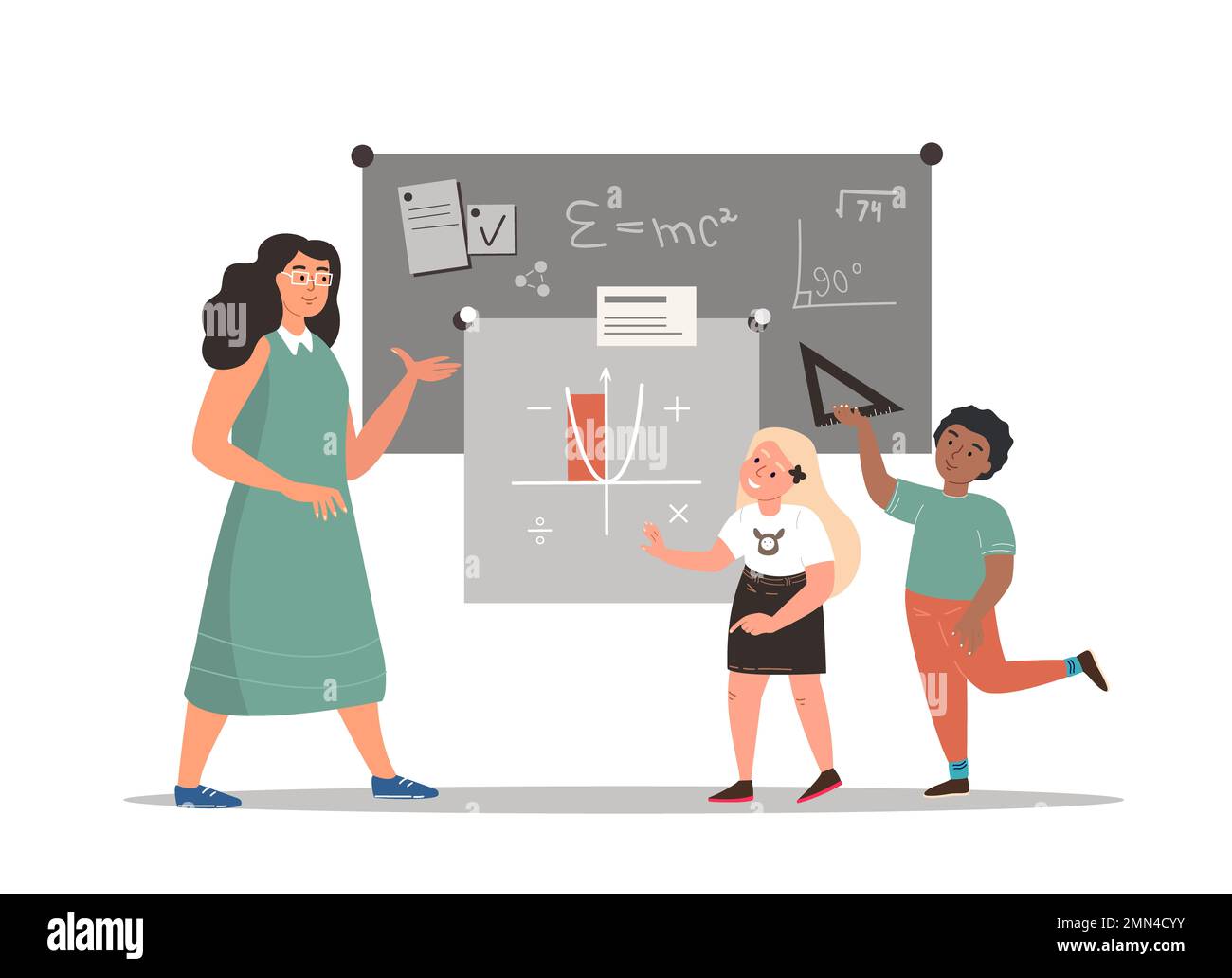 Young teacher explaining to Kids new math formula at chalkboard in ...