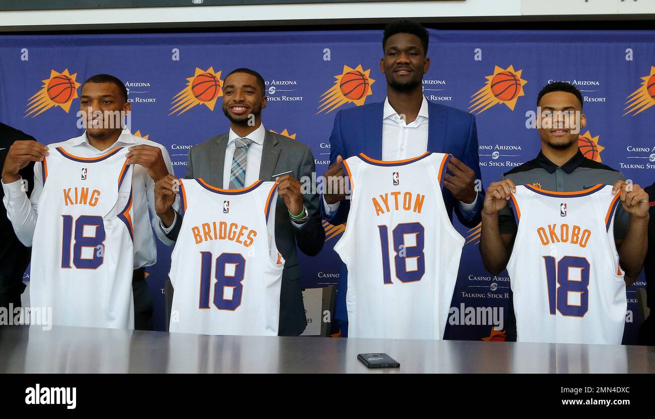 From left to right, Phoenix Suns' George King, Mikal Bridges, Deandre ...