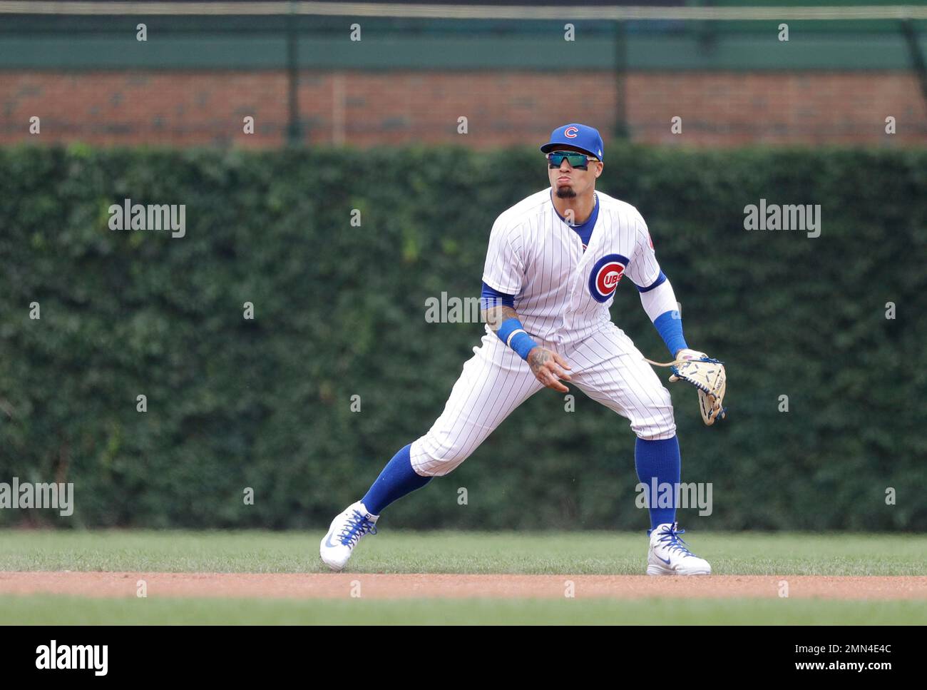 Chicago Cubs' Javier Baez prepares to field a ball during a baseball ...