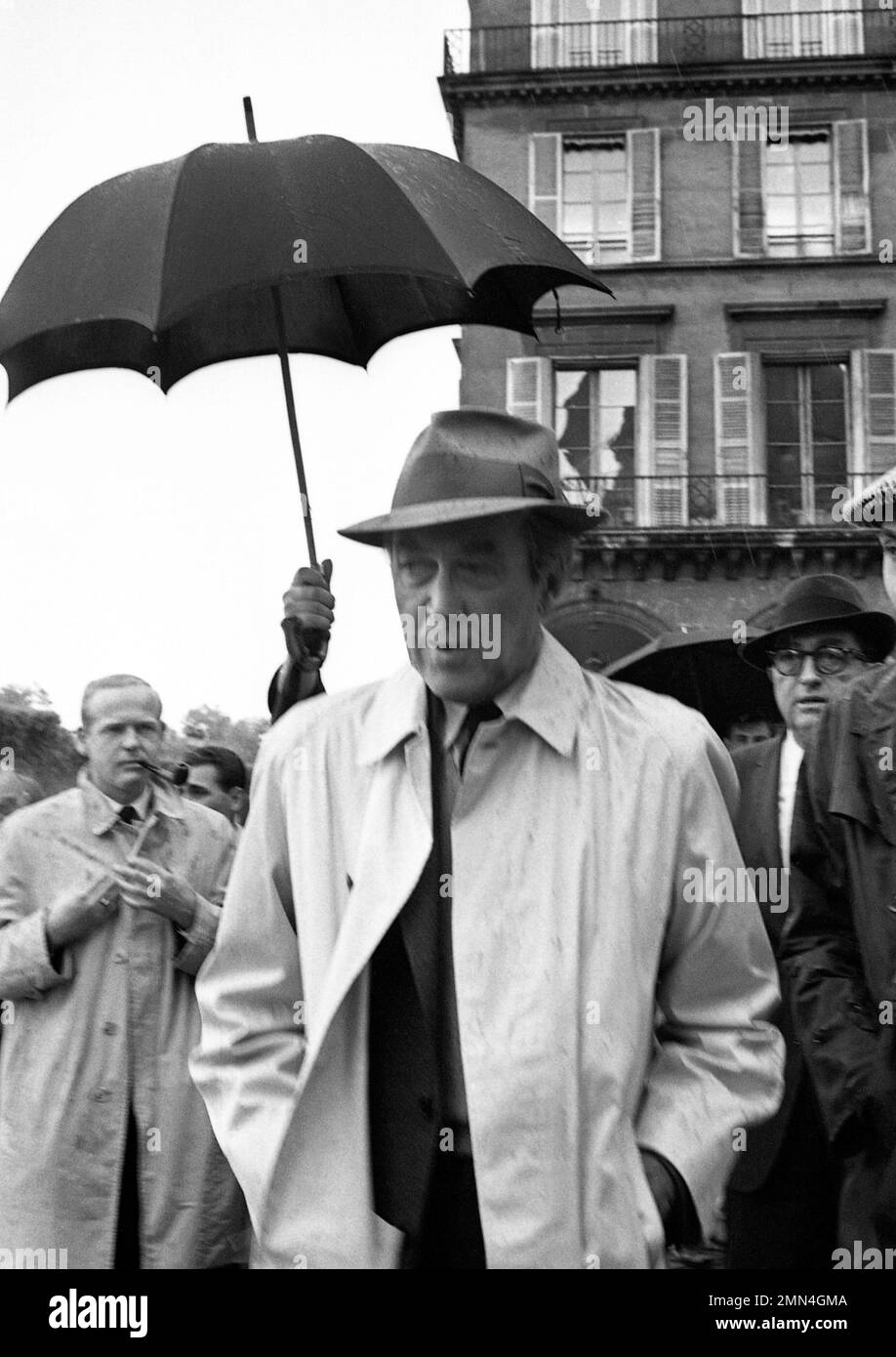US actor James Stewart in the rain on set of Henry Koster's film ...