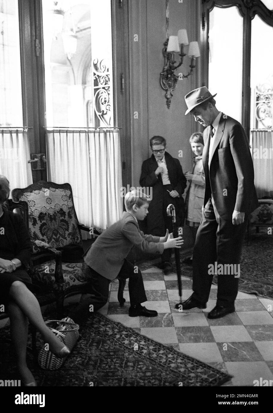 US actor James Stewart and child actor Billy Mumy during filming of a ...