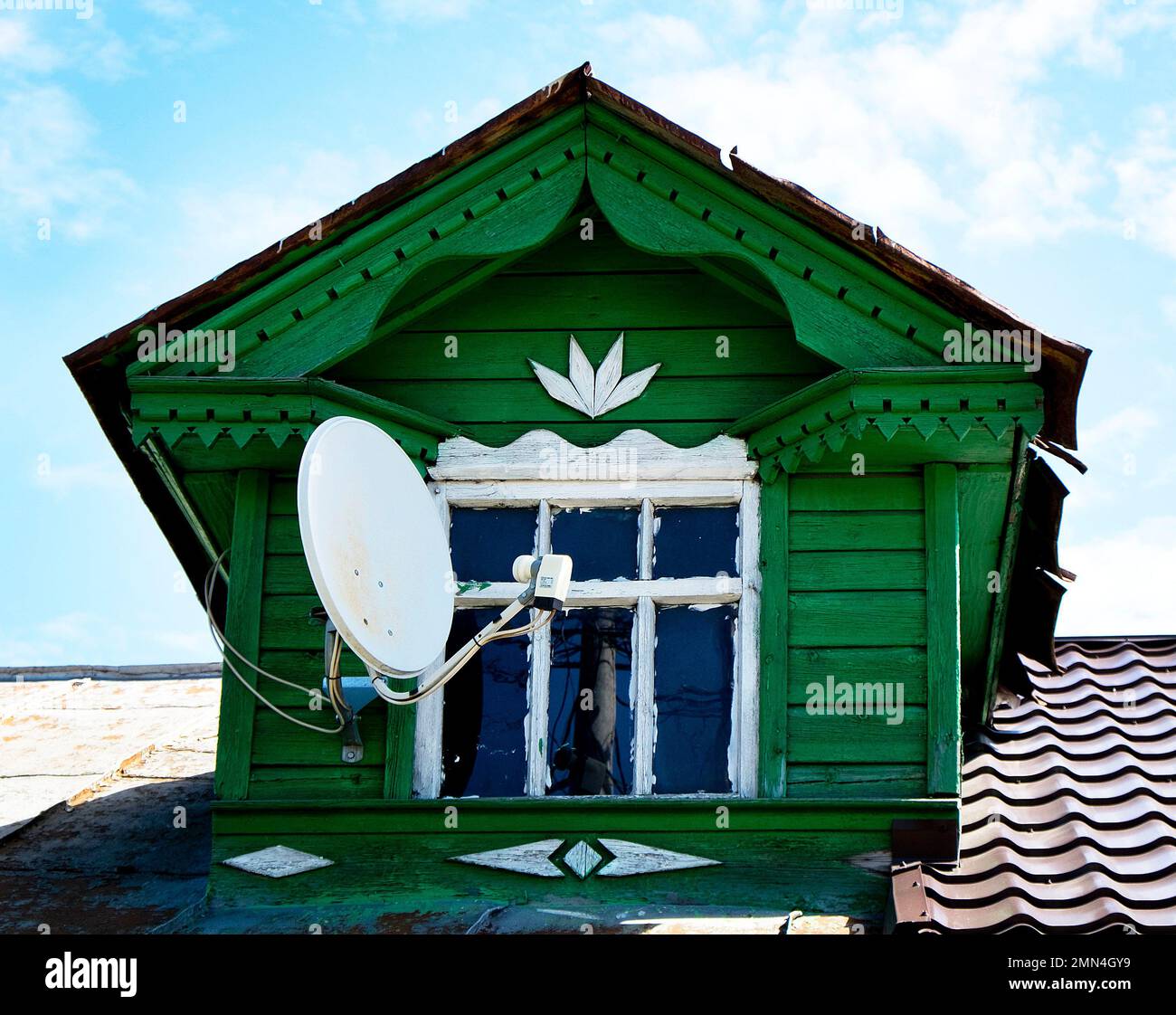 The window of a traditional wooden house in Podolsk near Moscow, Russia ...